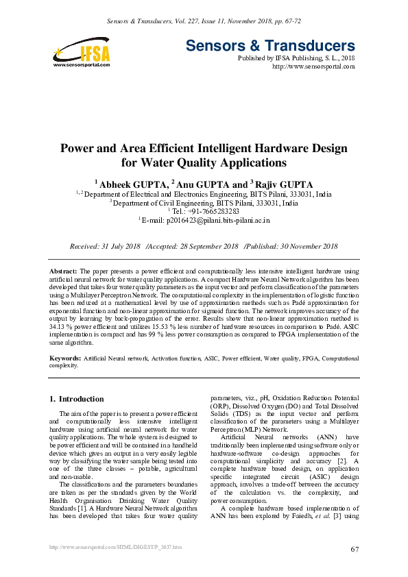 (PDF) Power and Area Efficient Intelligent Hardware Design for Water ...