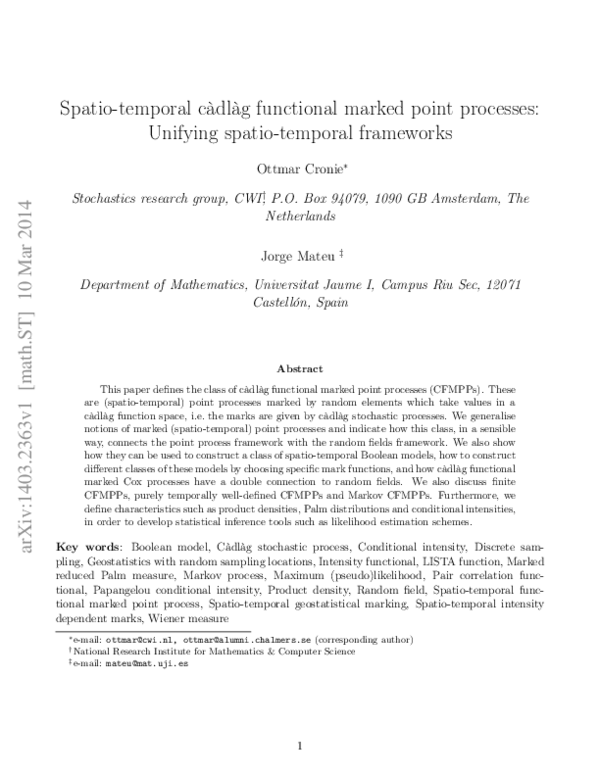 (PDF) Spatio-temporal c\`adl\`ag functional marked point processes: Unifying spatio-temporal ...