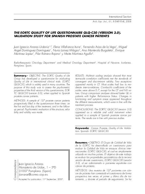 (PDF) The EORTC quality of life questionnaire QLO-C30 (version 3.0): Validation study for ...