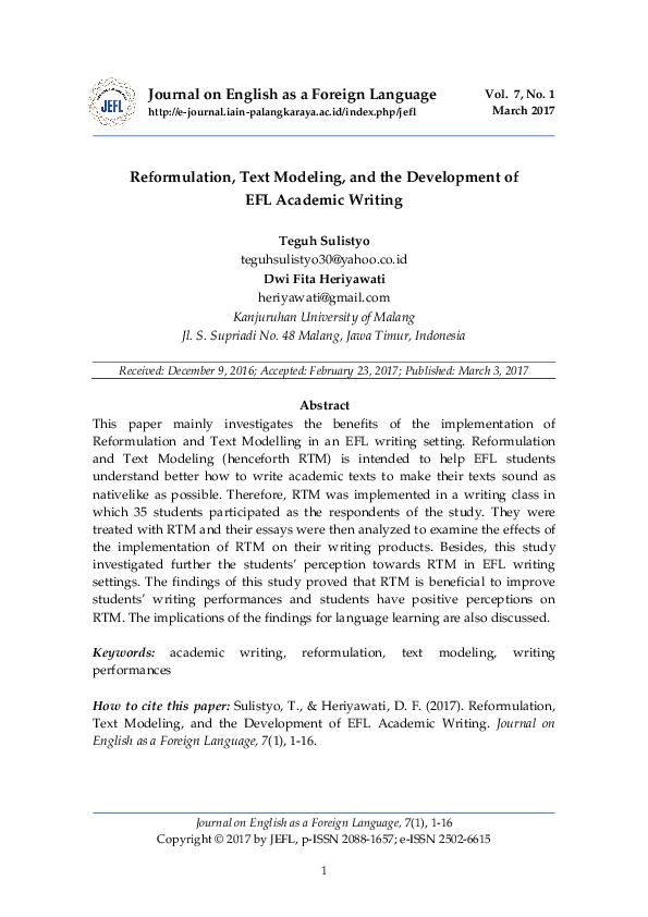 (PDF) Reformulation, text modeling, and the development of EFL academic ...