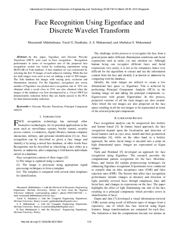 Pdf Face Recognition Using Eigenface And Discrete Wavelet Transform