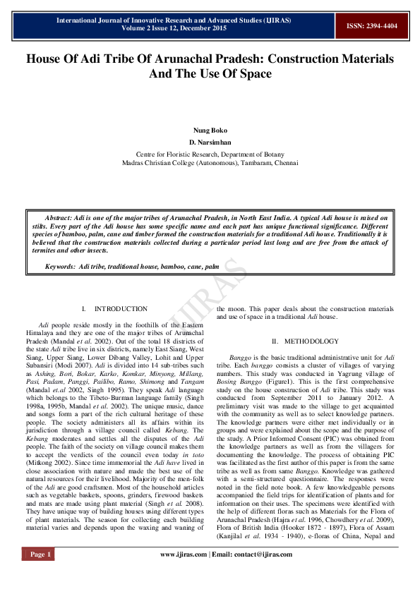 (PDF) House Of Adi Tribe Of Arunachal Pradesh: Construction Materials ...