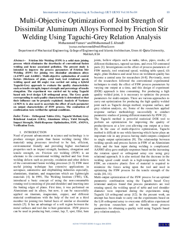 (PDF) Multi-Objective Optimization of Joint Strength of Dissimilar Aluminum Alloys Formed by ...