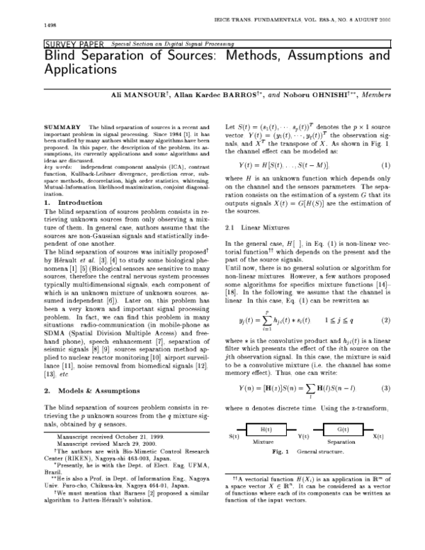 (PDF) Blind separation of sources: Methods, assumptions and ...
