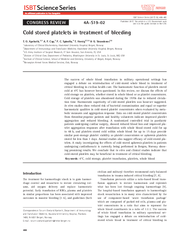 (PDF) Cold stored platelets in treatment of bleeding