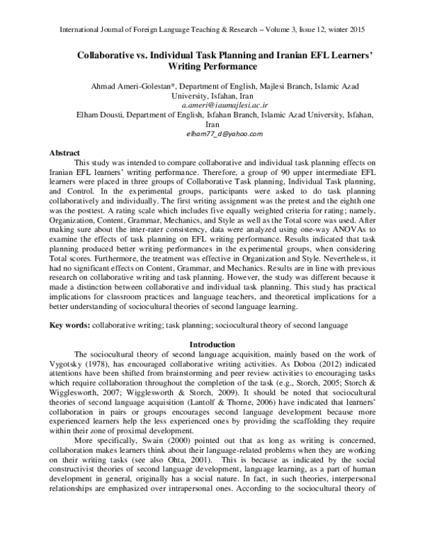 (PDF) Collaborative vs. Individual Task Planning and Iranian EFL Learners' Writing Performance ...