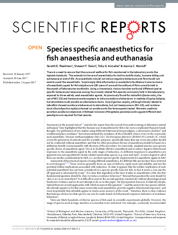 (PDF) Species specific anaesthetics for fish anaesthesia and euthanasia ...