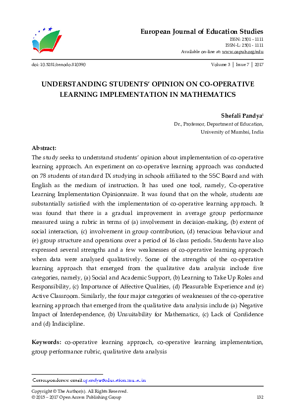 (PDF) Understanding Students’ Opinion on Co-Operative Learning ...