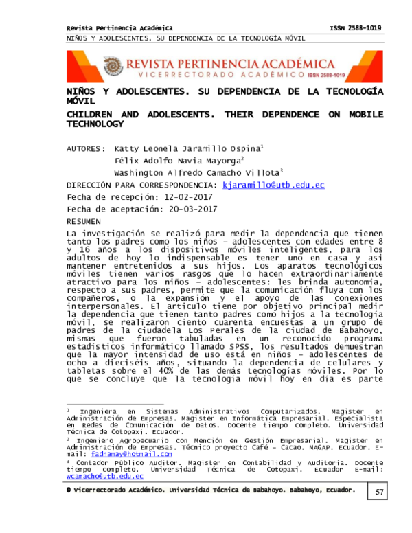 (PDF) Niños y Adolescentes. Su Dependencia De La Tecnología Móvil