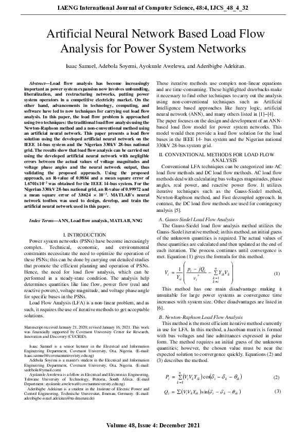 (PDF) Artificial Neural Network Based Load Flow Analysis for Power System Networks