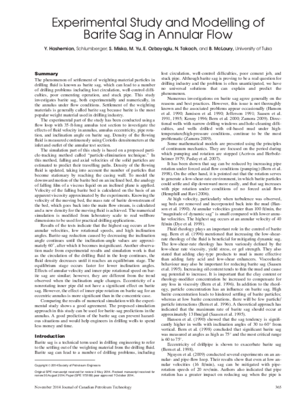 (PDF) Experimental Study and Modelling of Barite Sag in Annular Flow | Yahya Adariani - Academia.edu