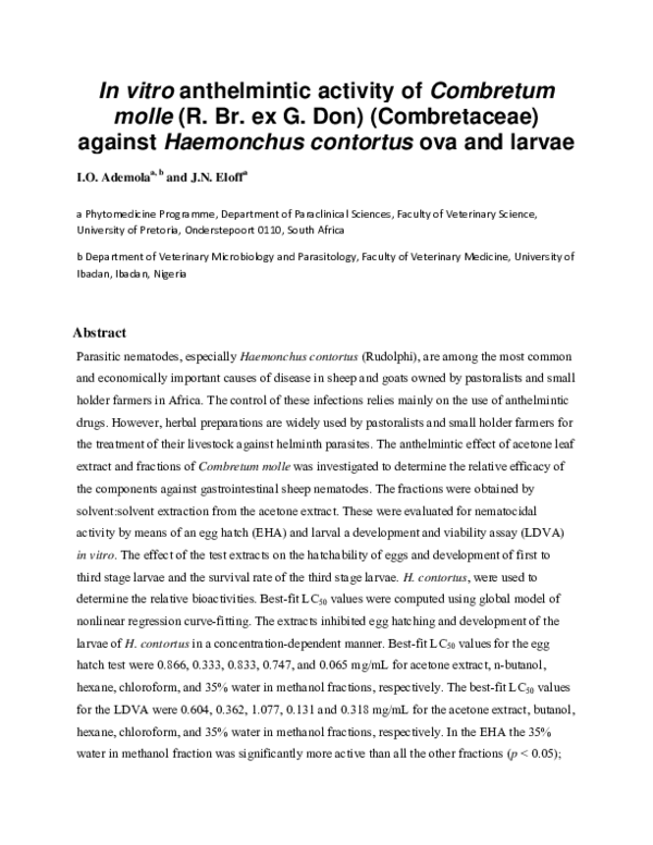 (PDF) In vitro anthelmintic activity of Combretum molle (R. Br. ex G ...
