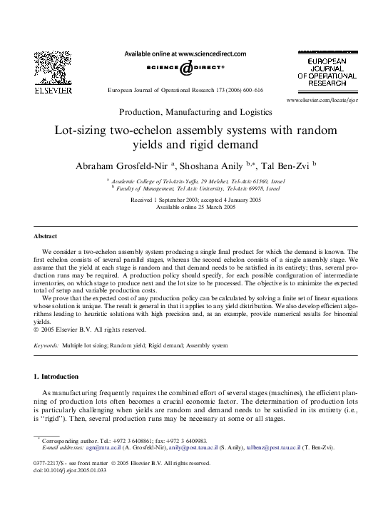 (PDF) Lot-sizing two-echelon assembly systems with random yields and rigid demand
