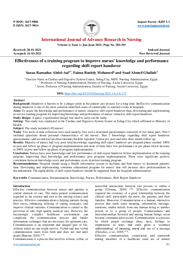 (PDF) Effectiveness of a training program to improve nurses' knowledge and performance regarding ...