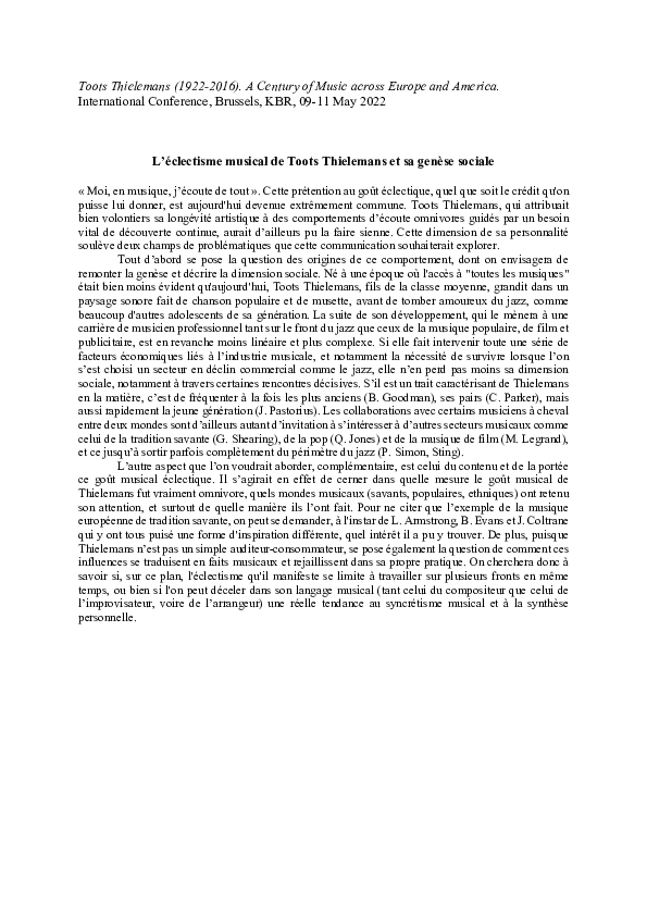 (PDF) L’éclectisme musical de Toots Thielemans et sa genèse sociale ...