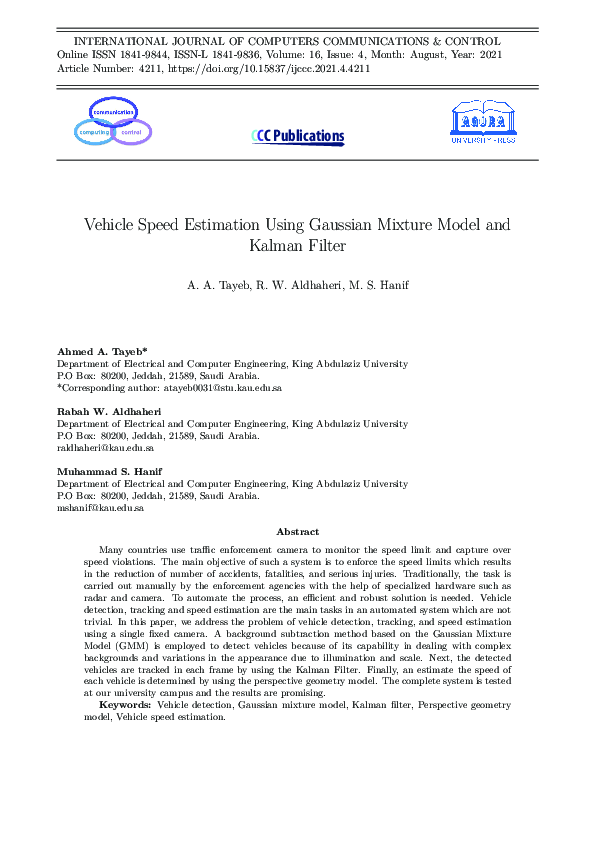 Pdf Vehicle Speed Estimation Using Gaussian Mixture Model And Kalman Filter Rabah Aldhaheri
