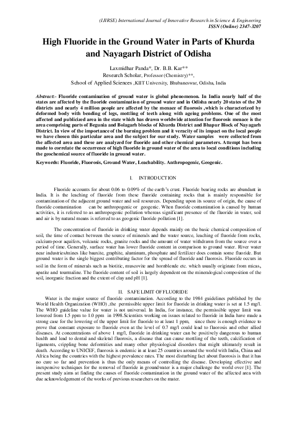 (PDF) High fluoride in the ground water in parts of khurda and nayagarh district and its removal ...