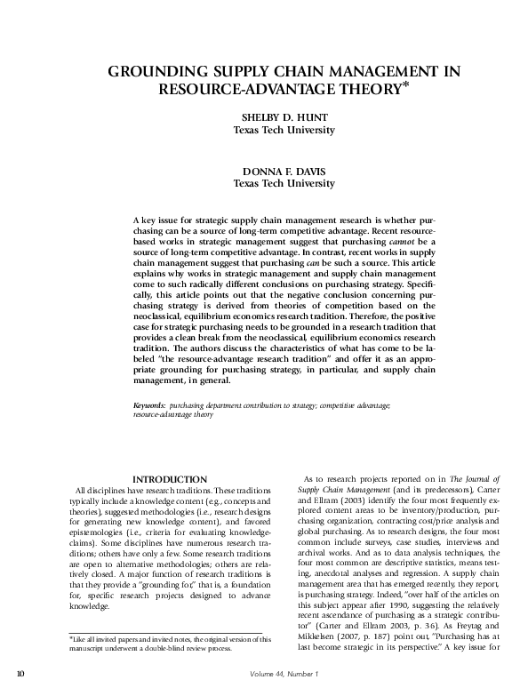 (PDF) Grounding Supply Chain Management in Resource-Advantage Theory