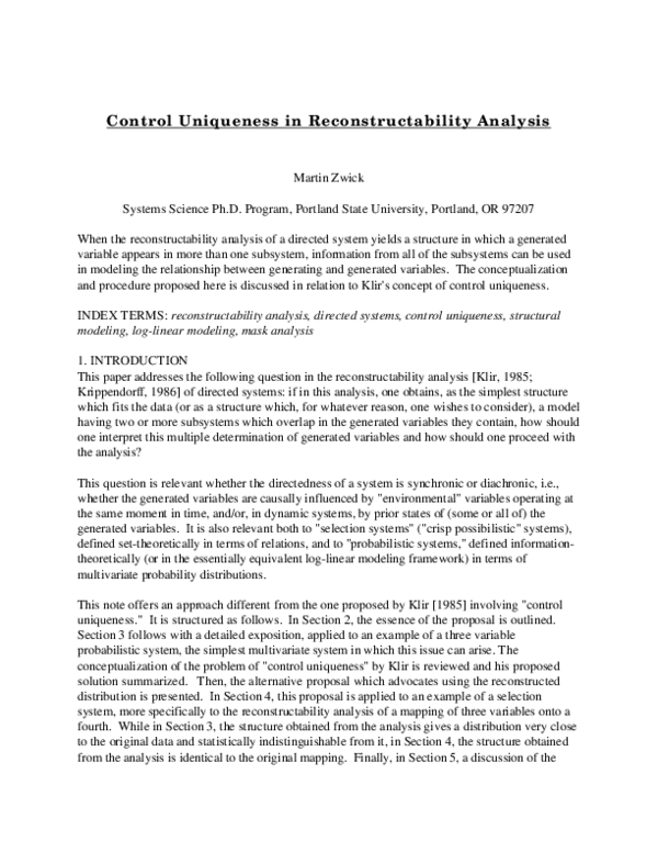 (PDF) Control Uniqueness in Reconstructability Analysis | Martin Zwick - Academia.edu