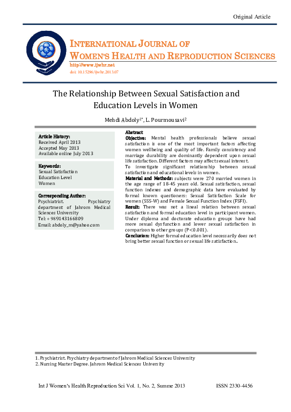 Pdf The Relationship Between Sexual Satisfaction Andeducation Levels