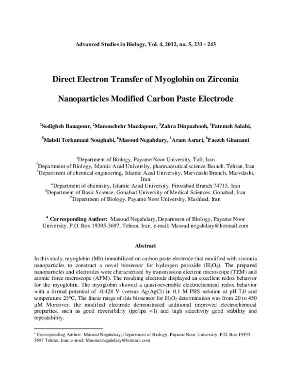 (PDF) Direct Electron Transfer of Myoglobin on Zirconia Nanoparticles ...