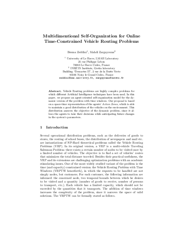 Pdf Multidimentional Self Organization For Online Time Constrained Vehicle Routing Problems