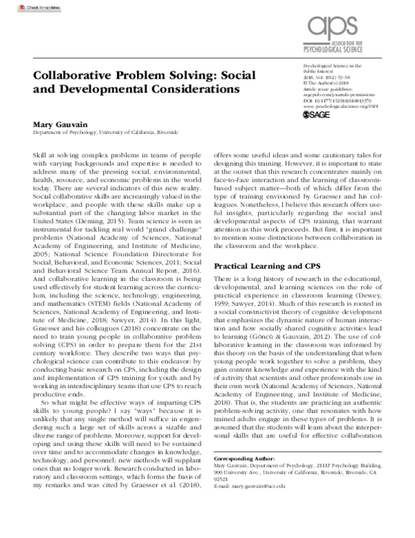 (PDF) Collaborative Problem Solving: Social and Developmental Considerations
