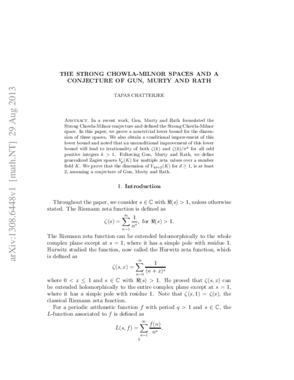 (PDF) The Strong Chowla–Milnor Spaces and a Conjecture of Gun, Murty ...