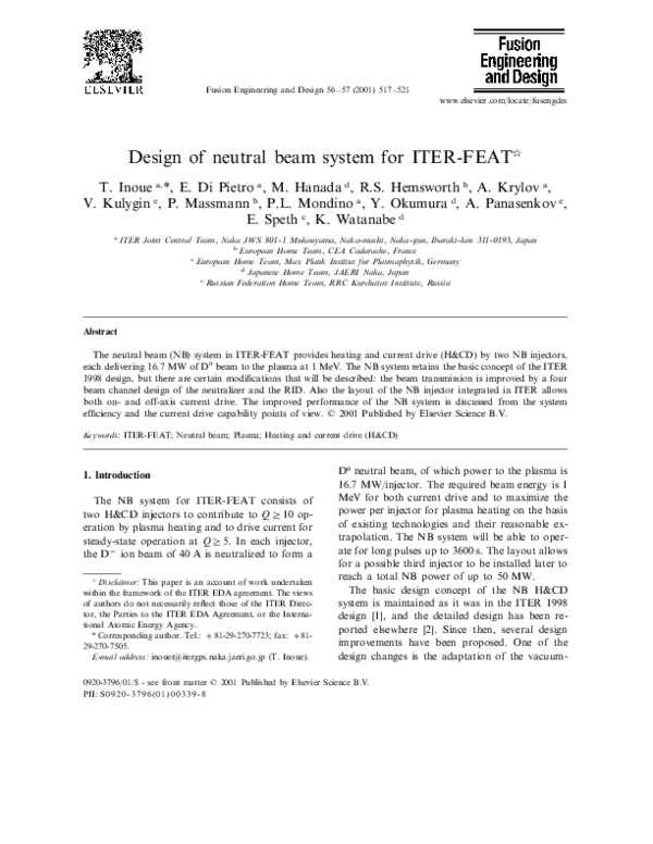 (PDF) Design of neutral beam system for ITER-FEAT