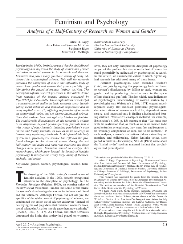 (PDF) Feminism and psychology: Analysis of a half-century of research ...