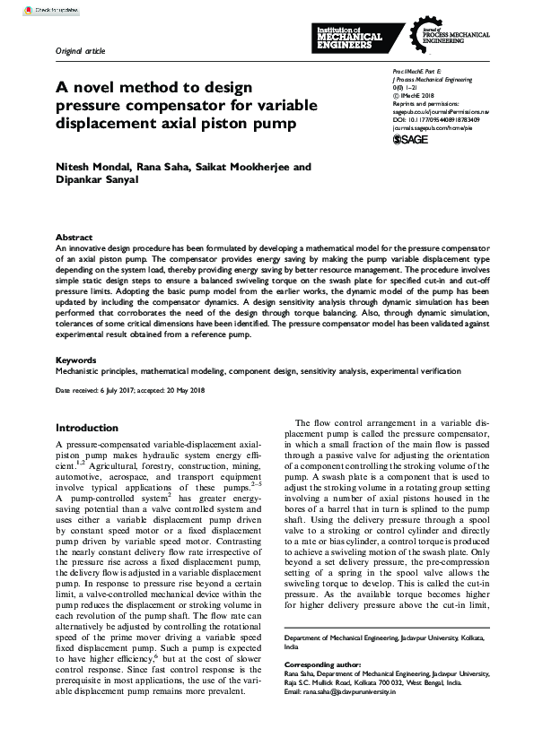(PDF) A novel method to design pressure compensator for variable displacement axial piston pump