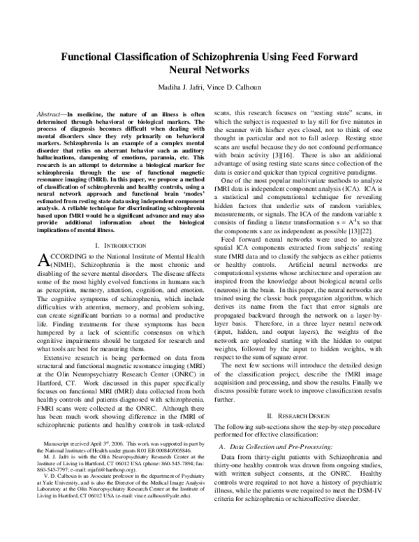 (PDF) Functional Classification of Schizophrenia Using Feed Forward Neural Networks