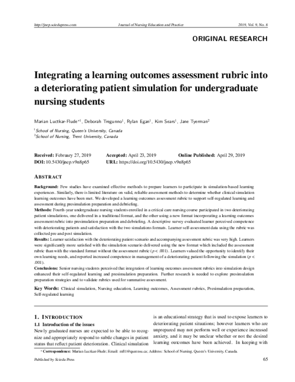 (PDF) Integrating a learning outcomes assessment rubric into a deteriorating patient simulation ...
