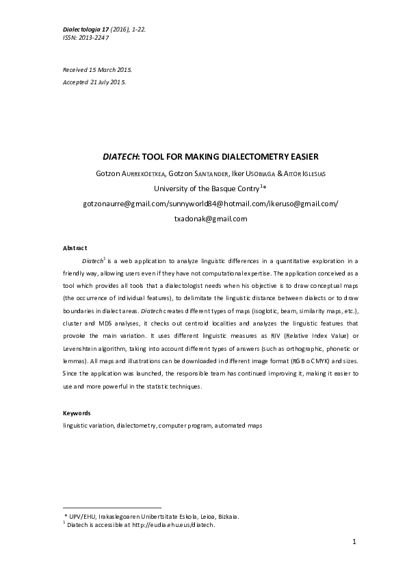 (PDF) Diatech: Tool for Making Dialectometry Easier