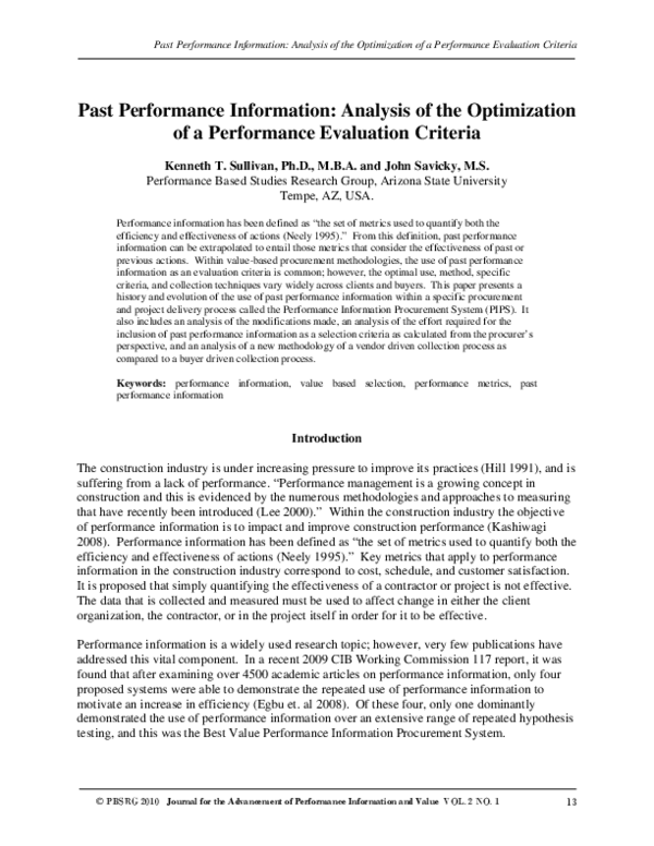 Pdf Past Performance Information Analysis Of The Optimization Of A