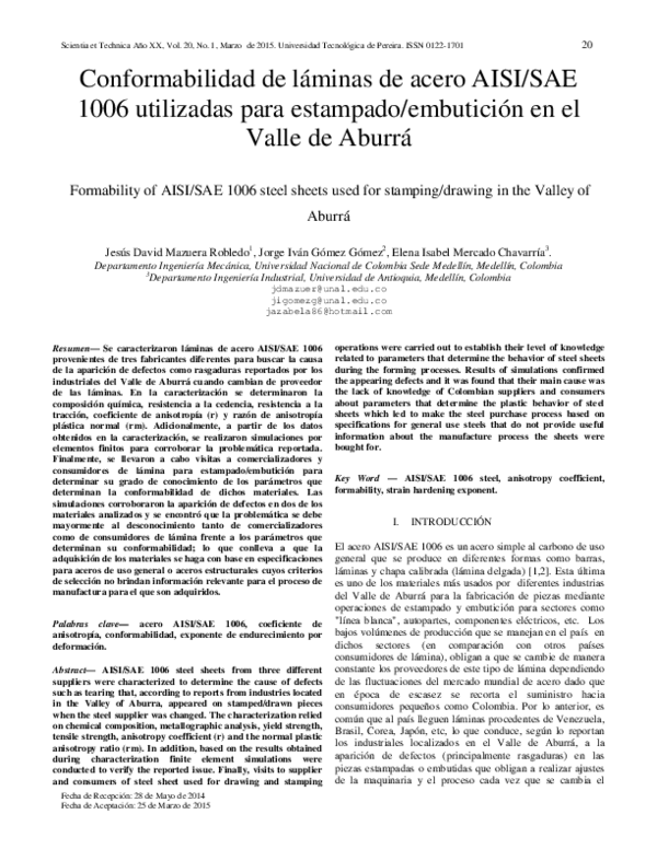 (PDF) Conformabilidad de láminas de acero AISI/SAE 1006 utilizadas para estampado/embutición en ...