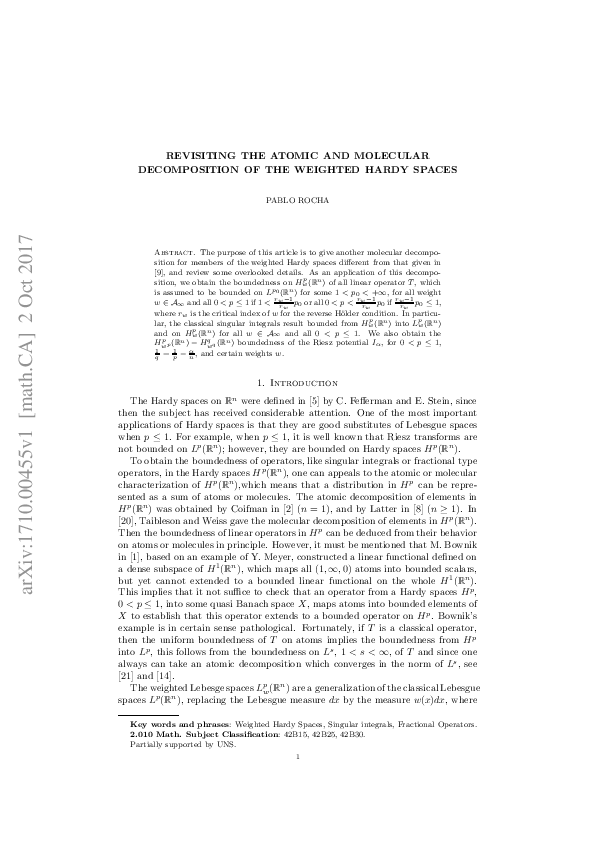 Pdf Revisiting The Atomic And Molecular Decomposition Of The Weighted Hardy Spaces