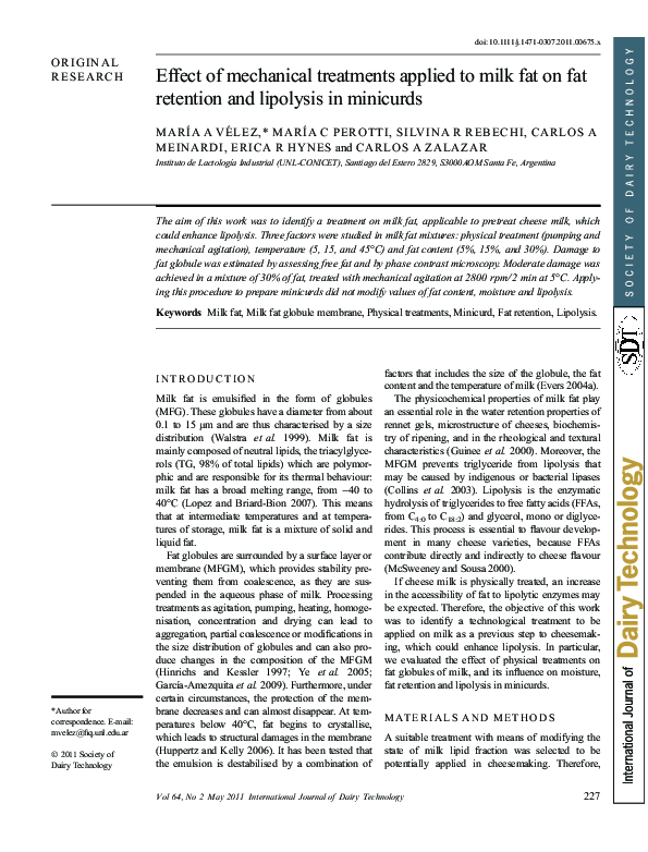 (PDF) Effect of mechanical treatments applied to milk fat on fat ...