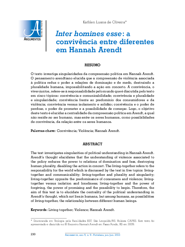 (PDF) Inter homines esse : a convivência entre diferentes em Hannah Arendt