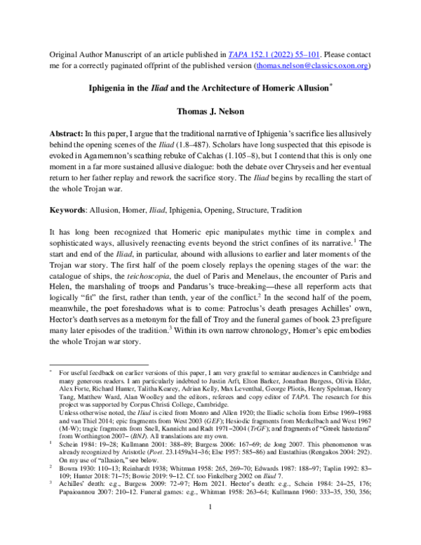 (PDF) Iphigenia in the Iliad and the Architecture of Homeric Allusion
