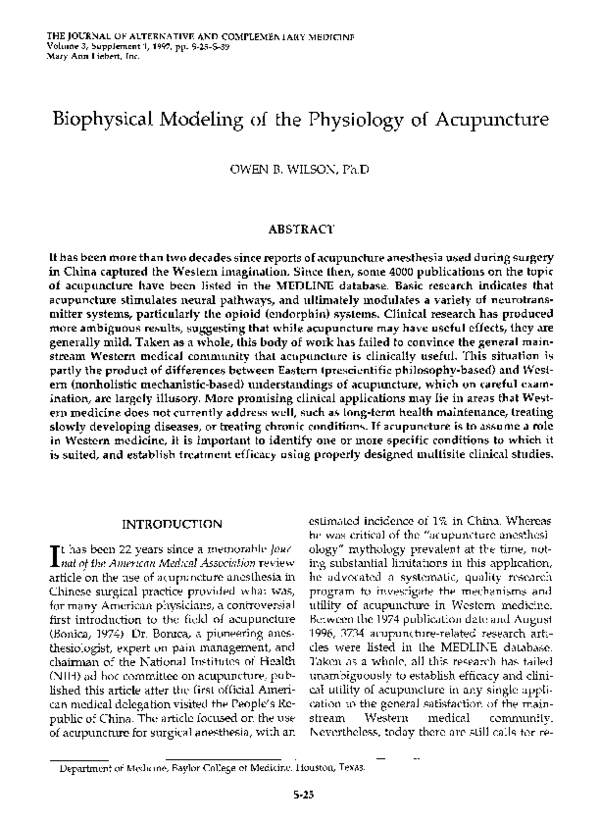 (PDF) Biophysical Modeling of the Physiology of Acupuncture