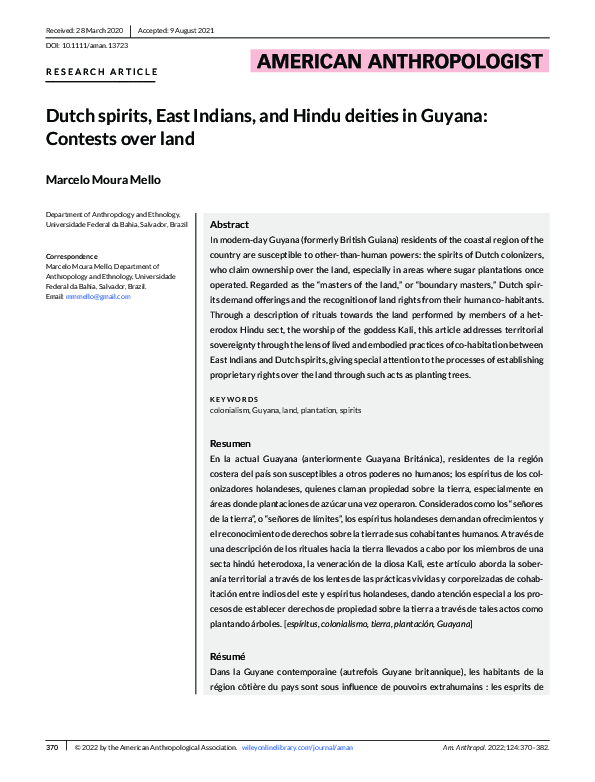 (PDF) Dutch spirits, East Indians, and Hindu deities in Guyana ...