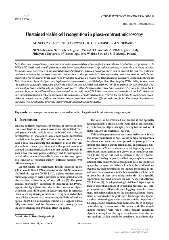 (PDF) Unstained viable cell recognition in phase-contrast microscopy