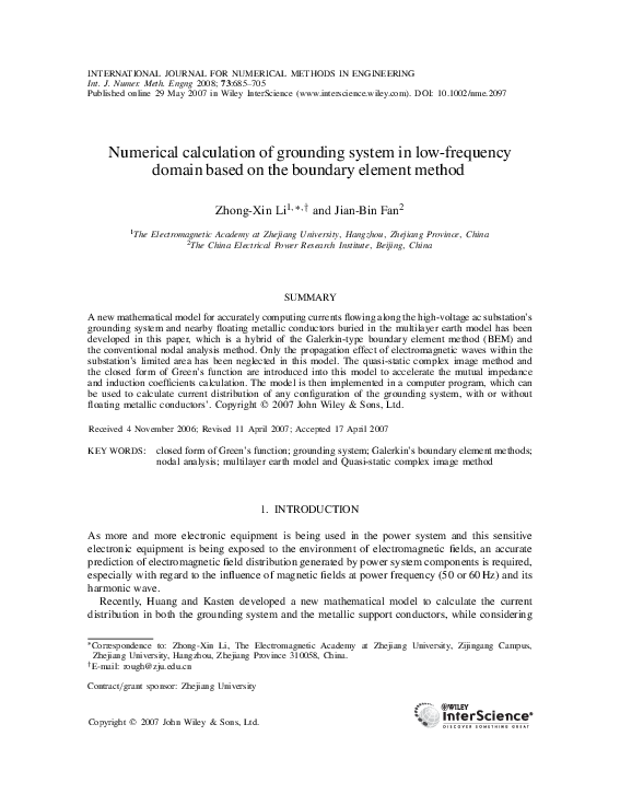 (PDF) Numerical calculation of grounding system in low-frequency domain based on the boundary ...