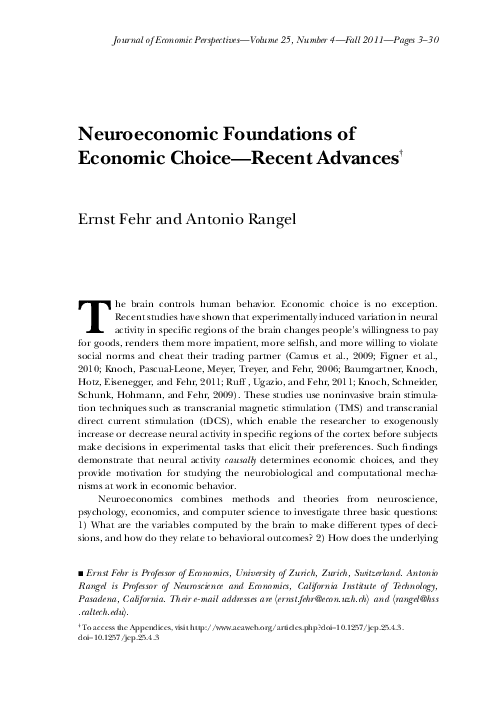 (PDF) Neuroeconomic Foundations of Economic Choice—Recent Advances