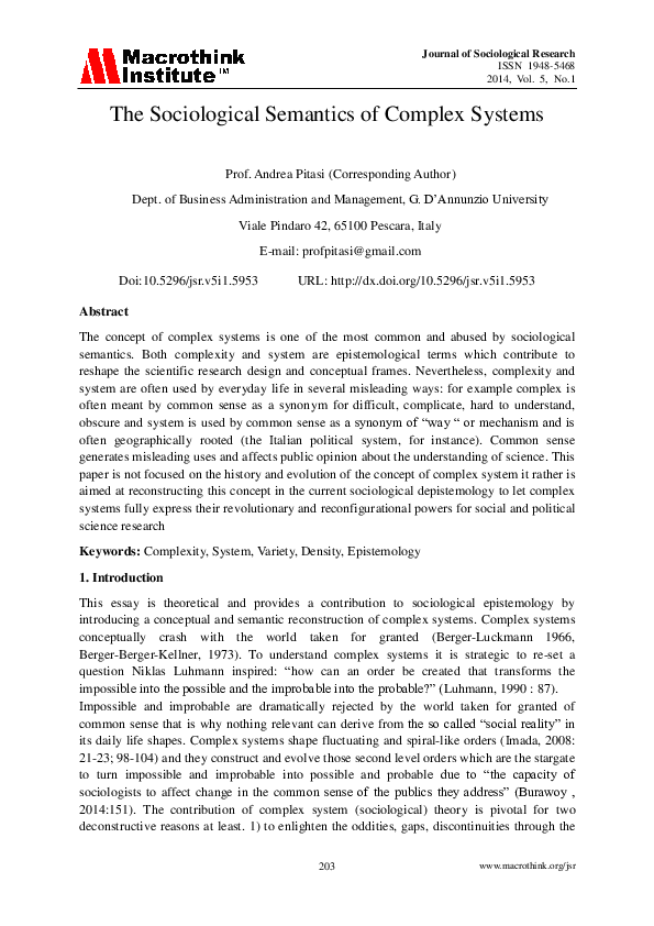 (PDF) The Sociological Semantics of Complex Systems