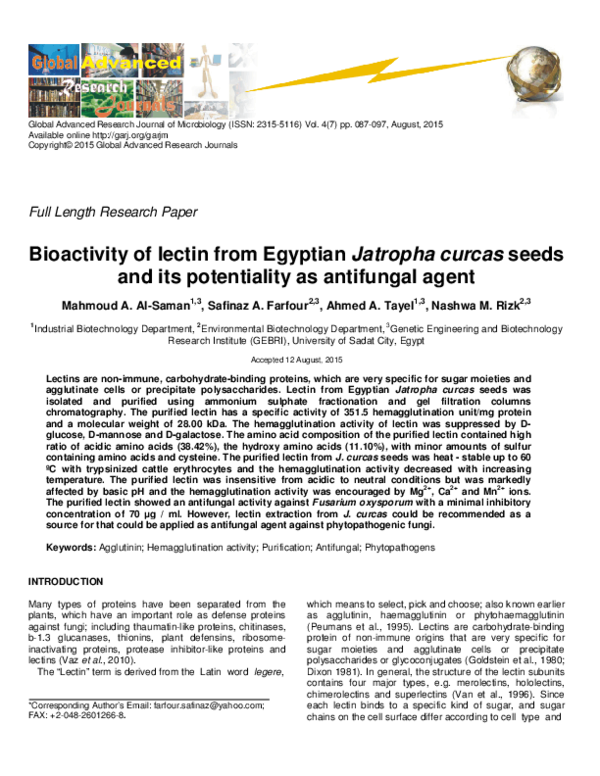 (PDF) Bioactivity of lectin from Egyptian Jatropha curcas seeds and its ...