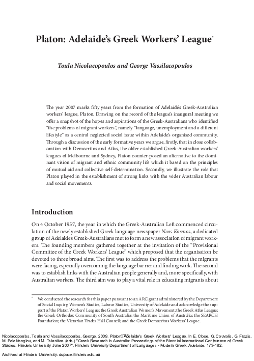 (PDF) Platon: Adelaide's Greek Workers' League