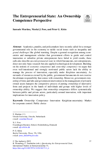 (PDF) The Entrepreneurial State: An Ownership Competence Perspective