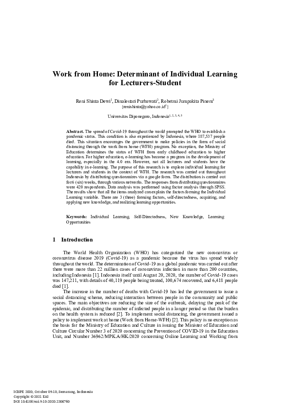 (PDF) Work from Home: Determinant of Individual Learning for Lecturers ...